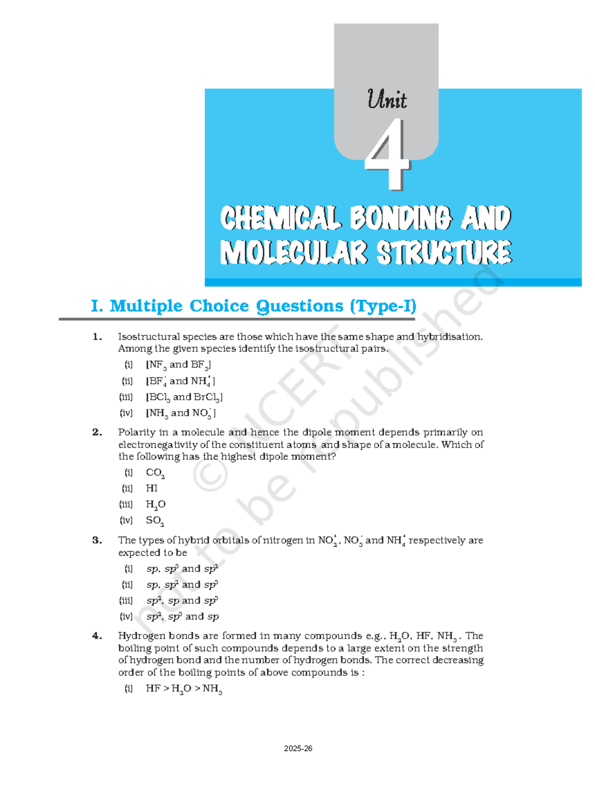 Unit 4: Chemical Bonding & Molecular Structure - MCQs and Exemplar ...