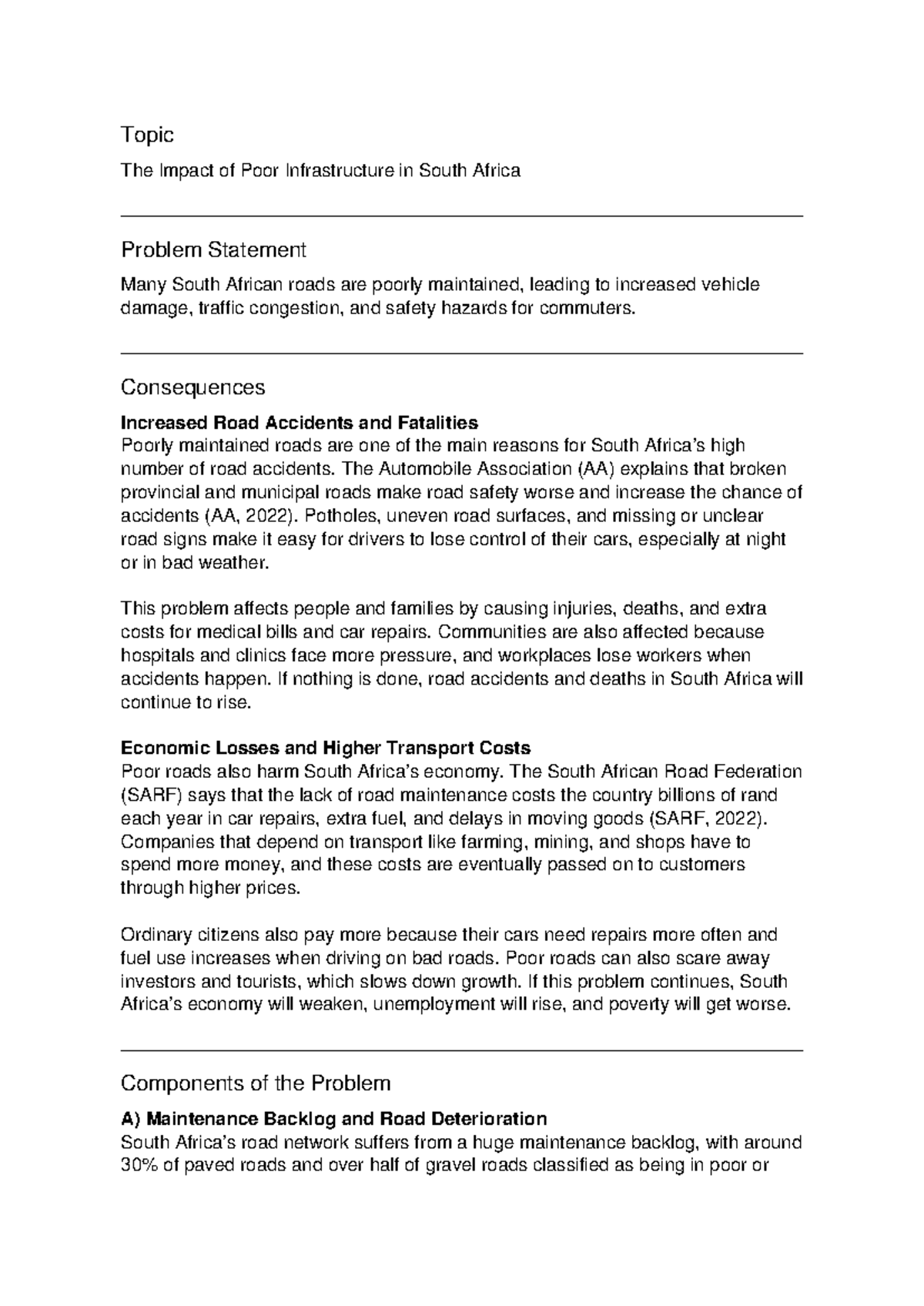 Problem Analysis: The Impact of Poor Infrastructure in South Africa ...