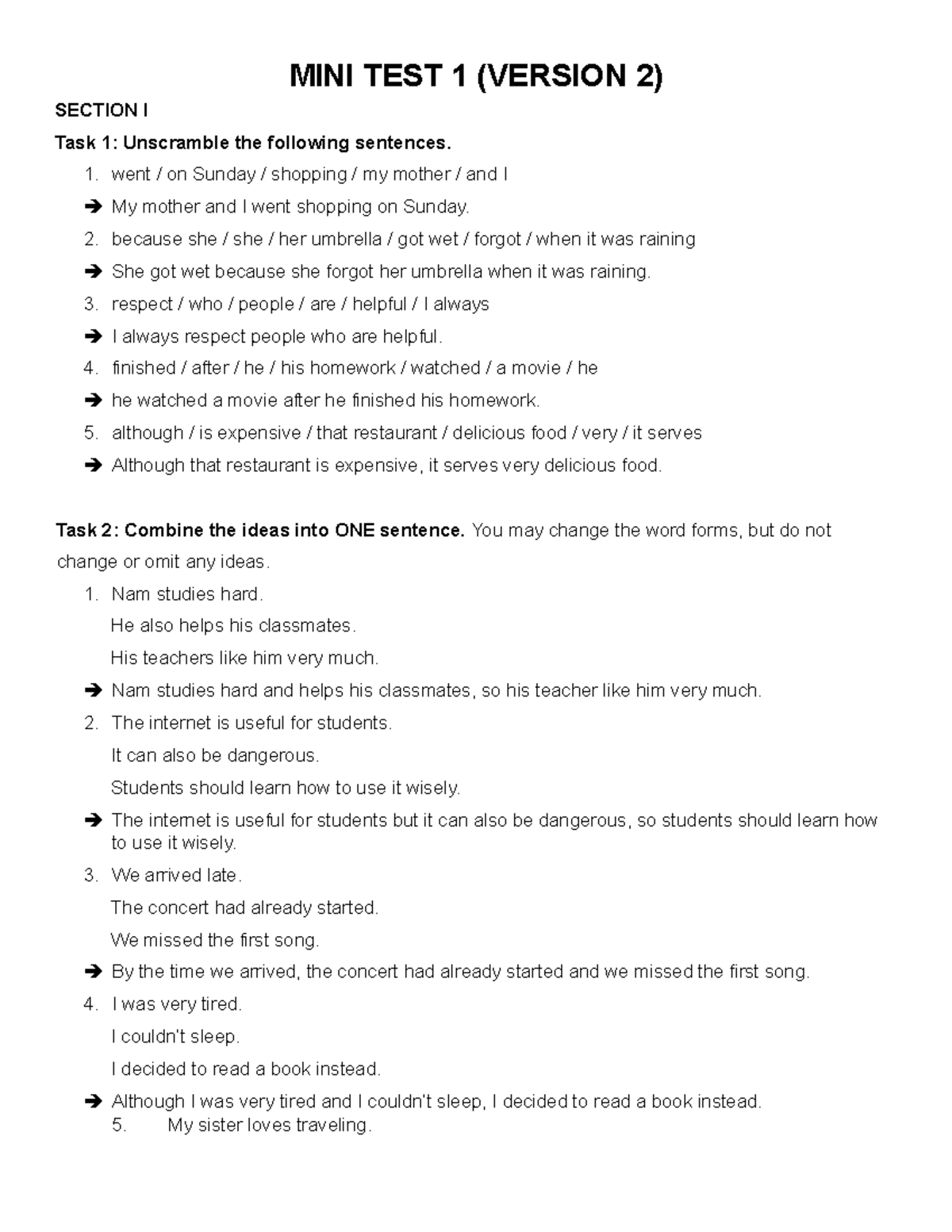 MINI TEST 1 (VERSION 2) UNSCRAMBLE & COMBINE SENTENCES - Studocu