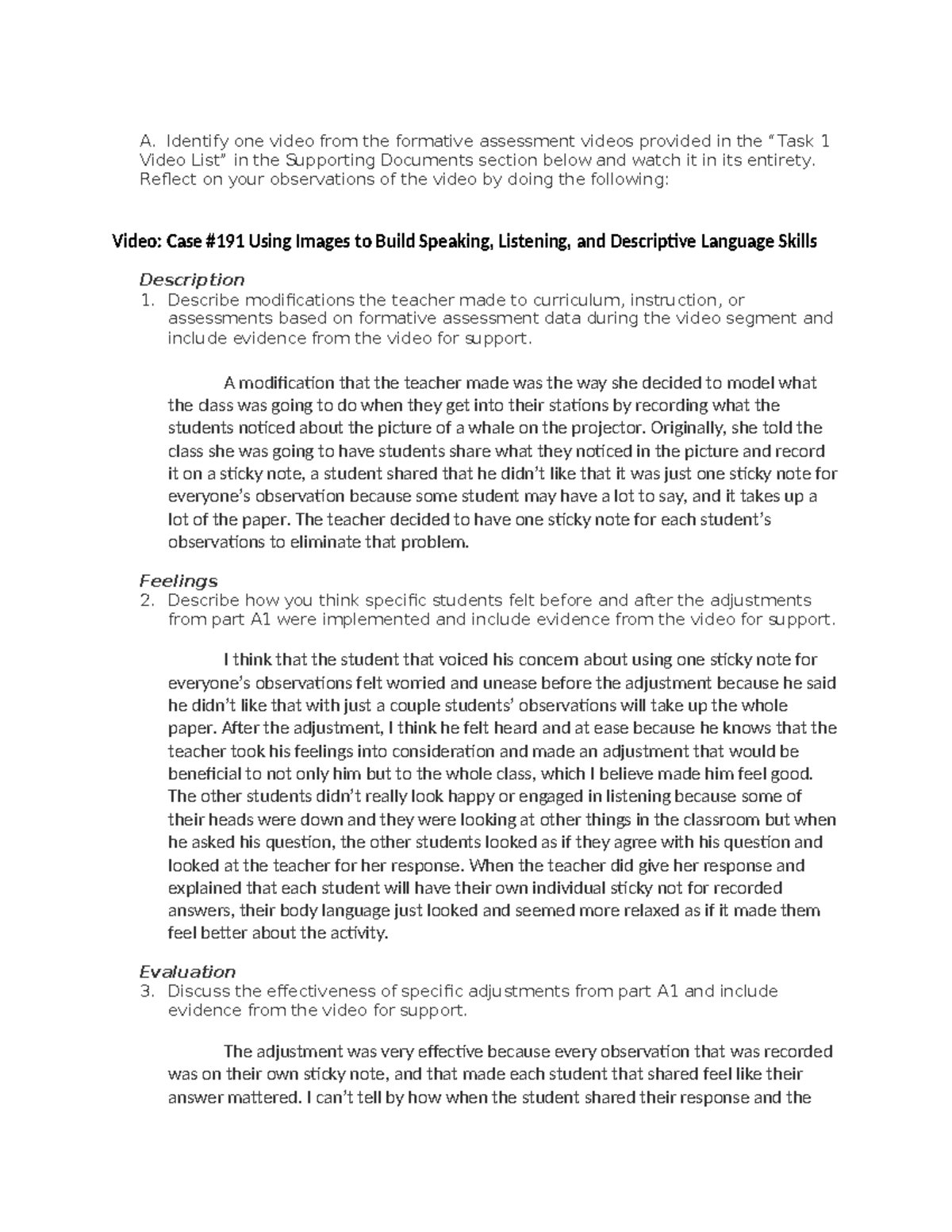 D091 - Task 1: Reflections on Video Case #191 Modifications and Strategies - Studocu