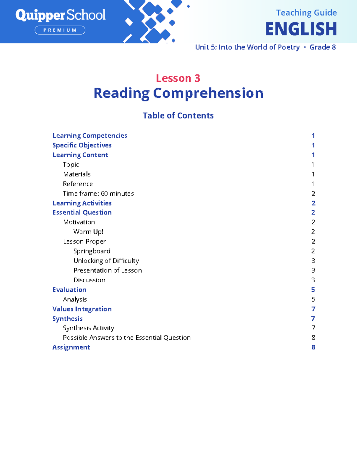 EN8 Unit 5 Lesson 3: Reading Comprehension in Poetry - Studocu
