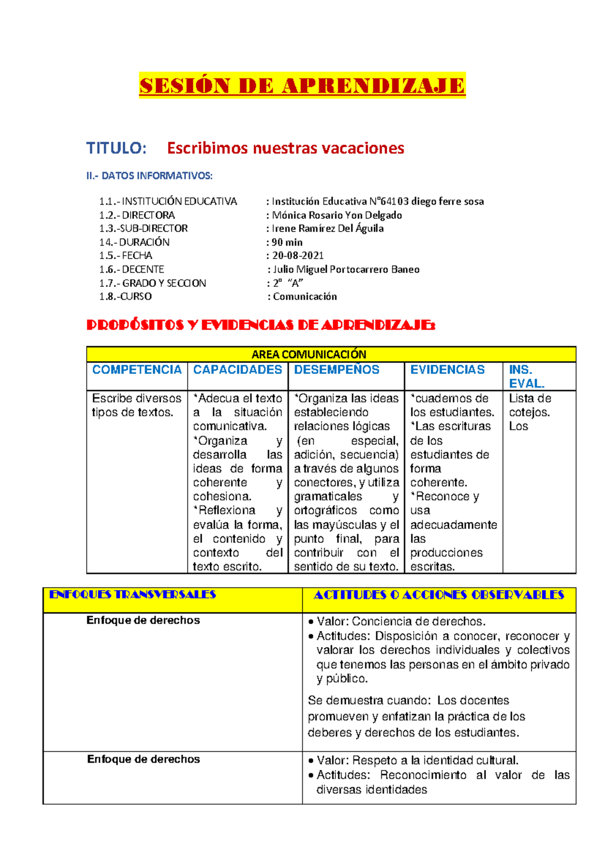 009163671 - Sesión de aprendizaje - SESI”N DE APRENDIZAJE TITULO: Escribimos nuestras vacaciones ...