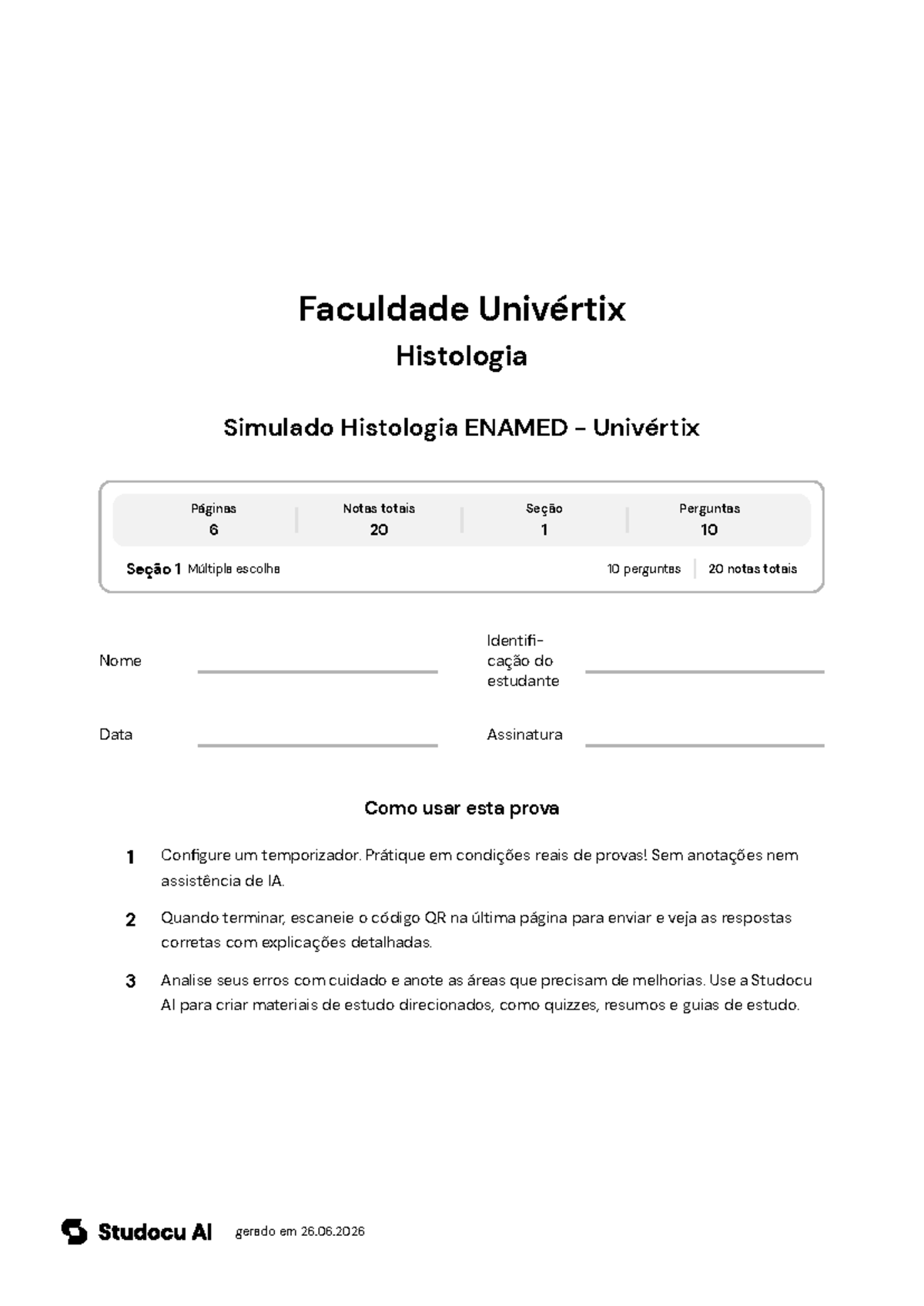 Simulado Histologia ENAMED - Univértix - Studocu