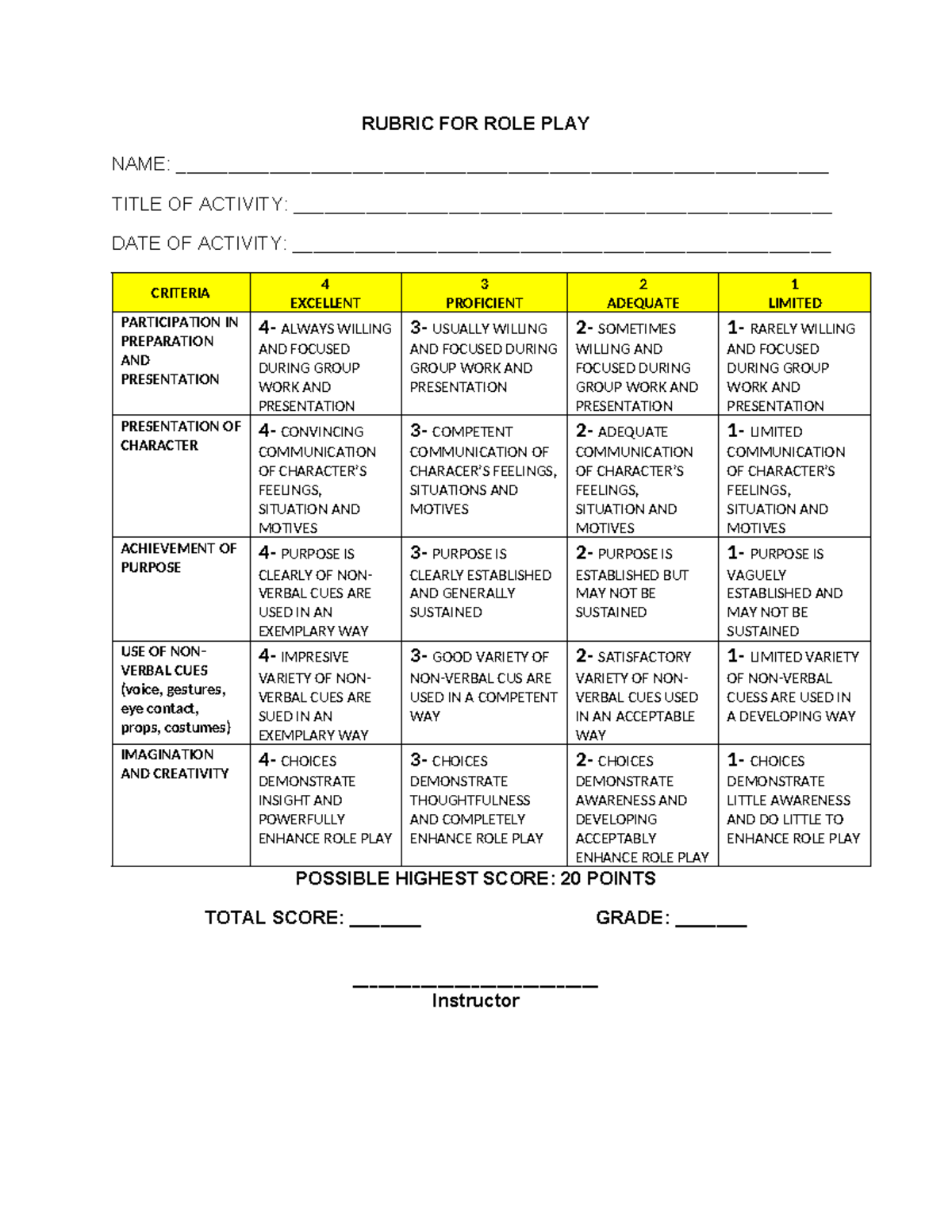 RUBRIC FOR ROLE PLAY & ORAL PRESENTATION EVALUATION (QSWQWE) - Studocu