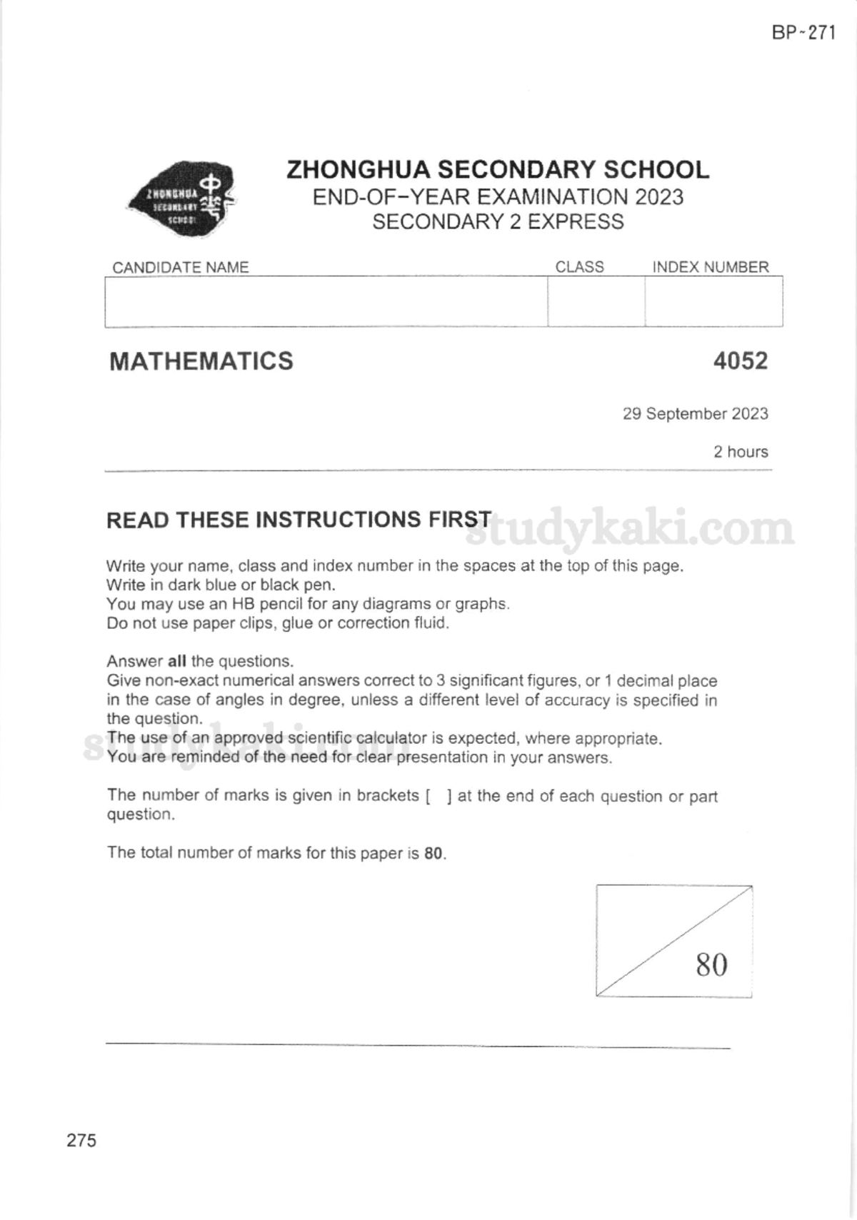Zhonghua Secondary 2 Math EOY Exam 2023 (4052) - Studocu