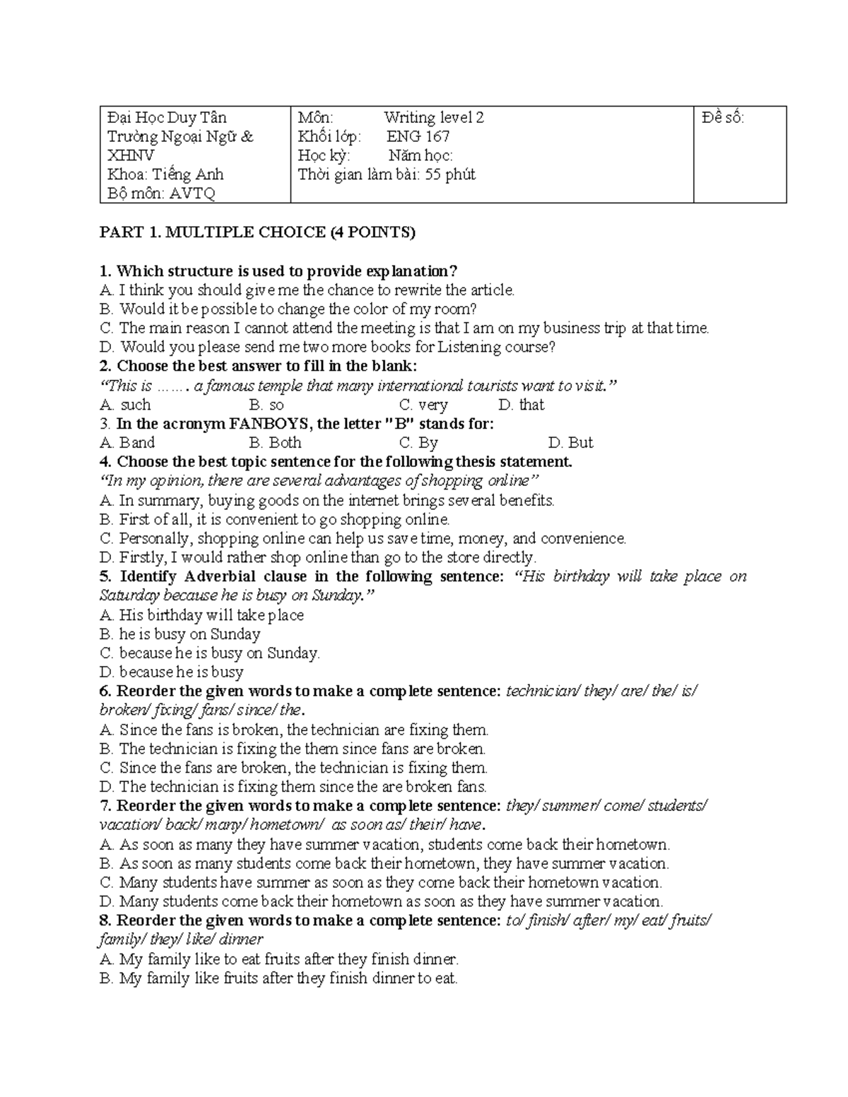 ENG 167 Writing Level 2 - Multiple Choice & Short Essay Practice - Studocu