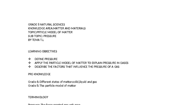 Grade 8 Natural Sciences: Pressure & Particle Model Quiz Notes - Studocu