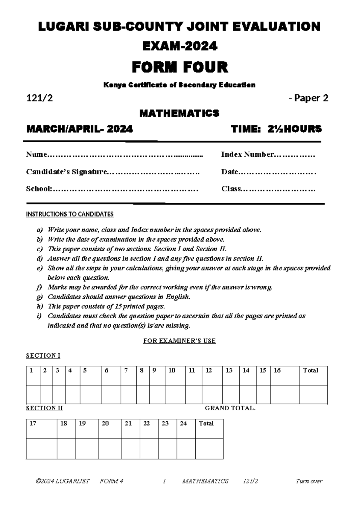 Maths PP2 Exam Questions Lugari JET 2024: KCSE Form Four - Studocu