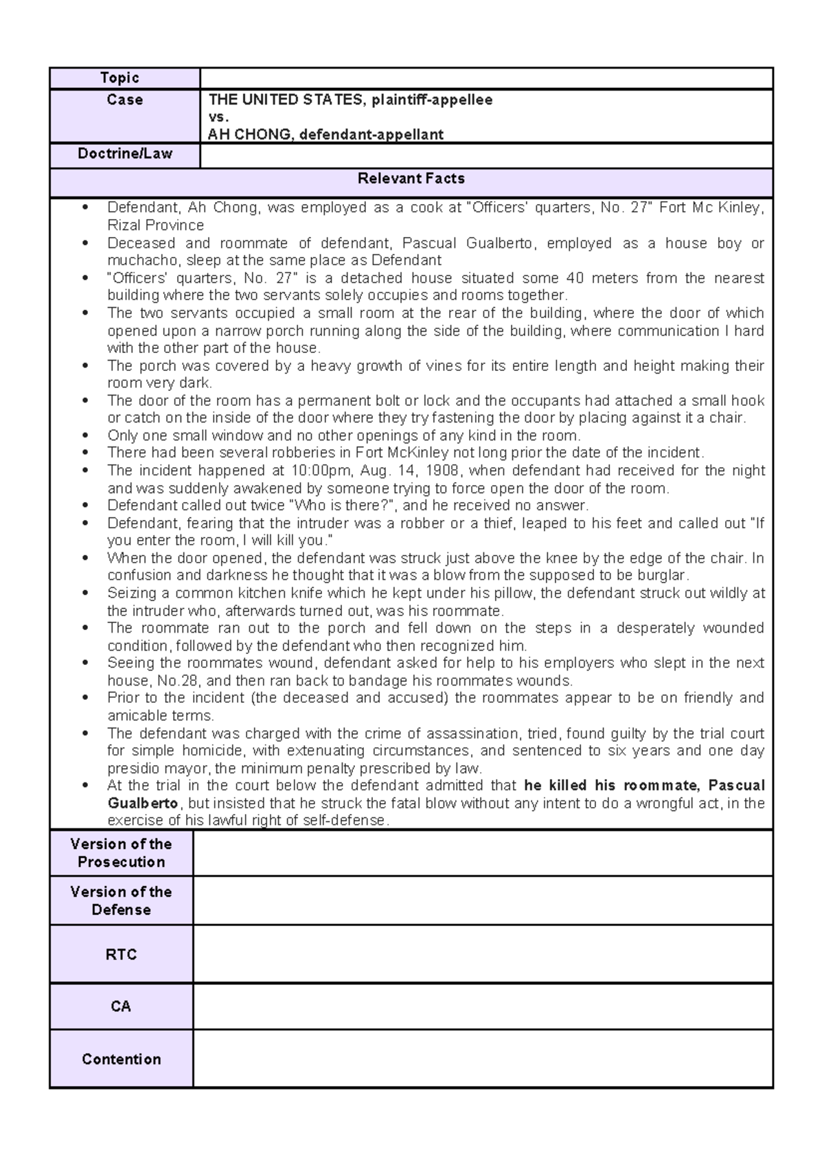 US v. Ah Chong: Case Study on Homicide and Mistake of Fact - Studocu