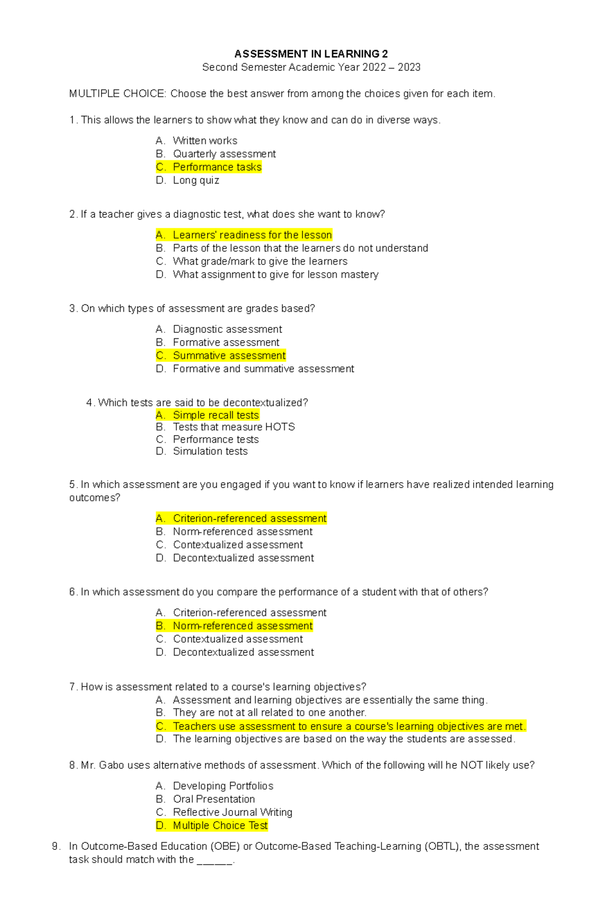 Assessment in Learning 2: Comprehensive MCQ Review for AY 2022-2023 ...