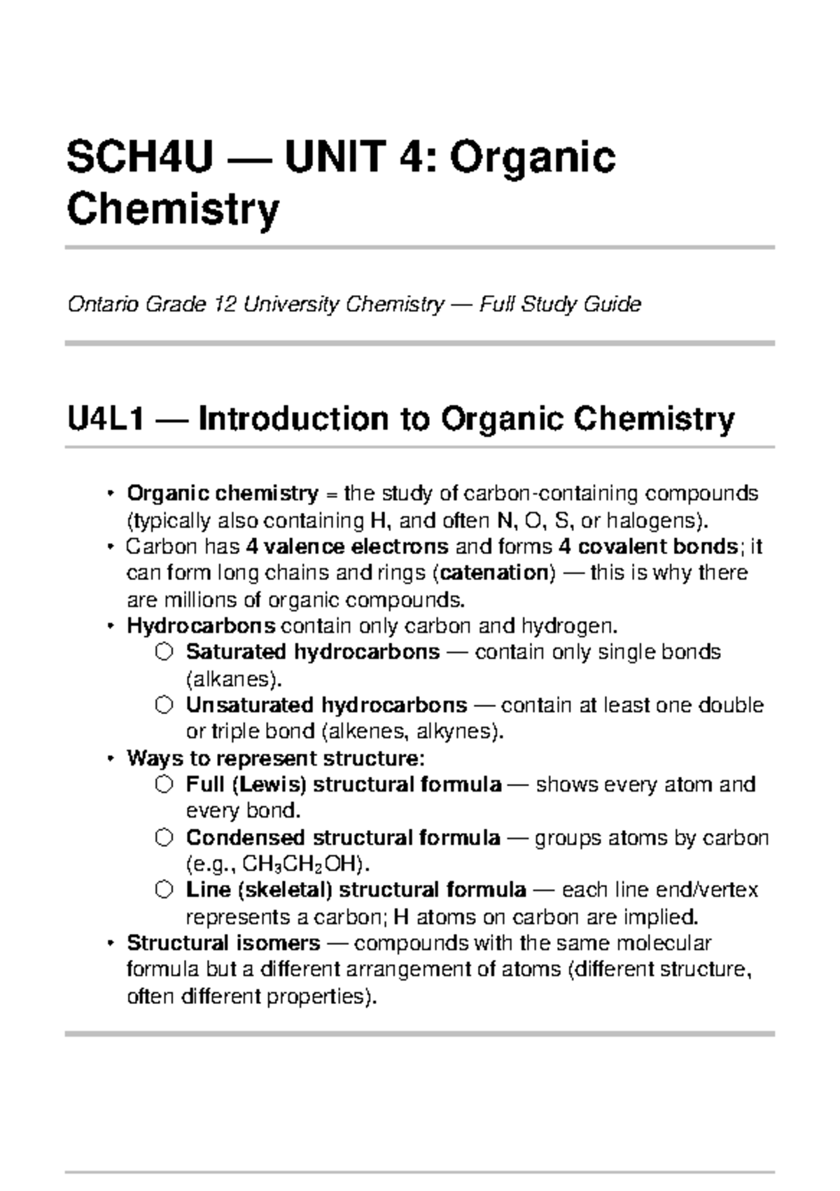 SCH4U Unit 4: Organic Chemistry Study Guide - Studocu