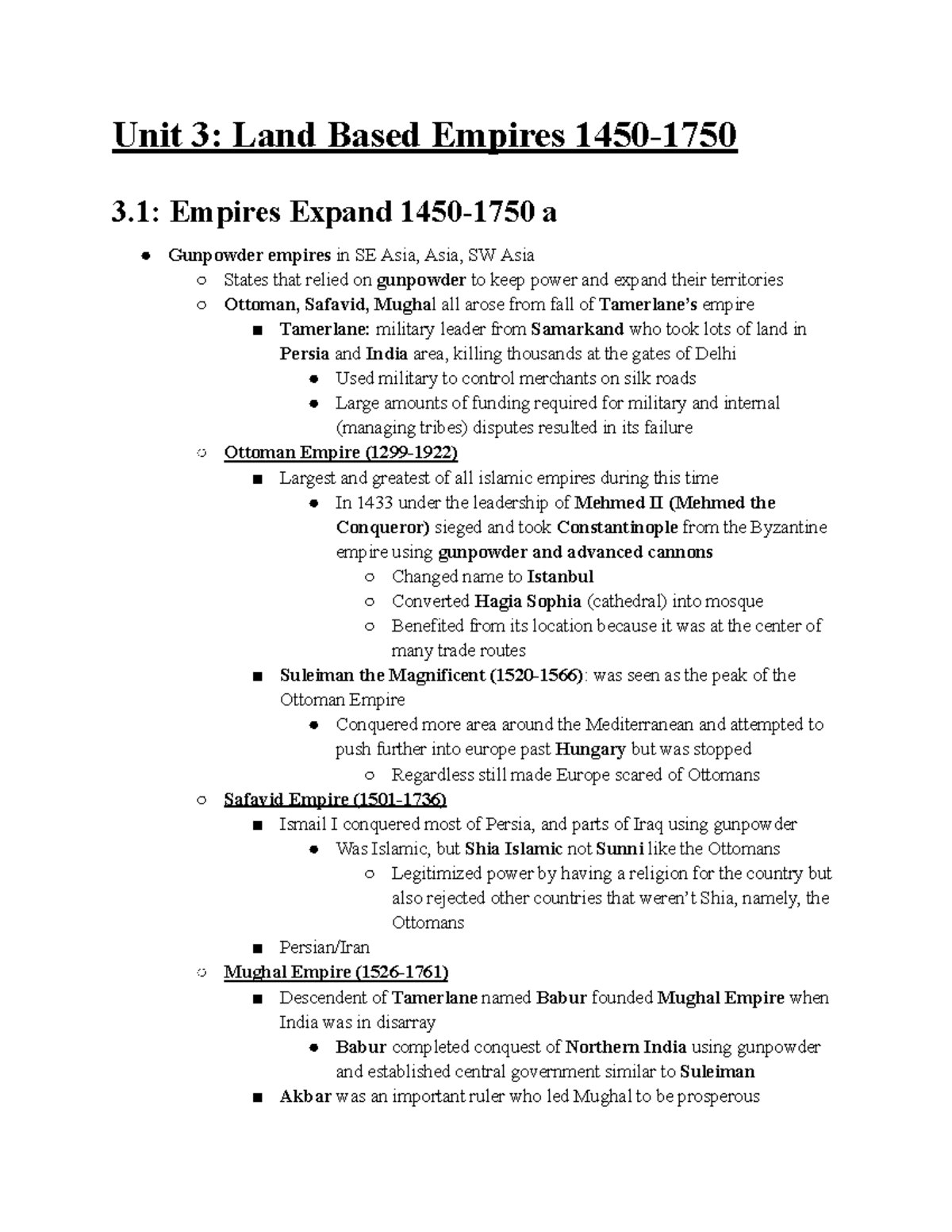 APWH Unit 3 Review: Land-Based Empires and Gunpowder States - Studocu
