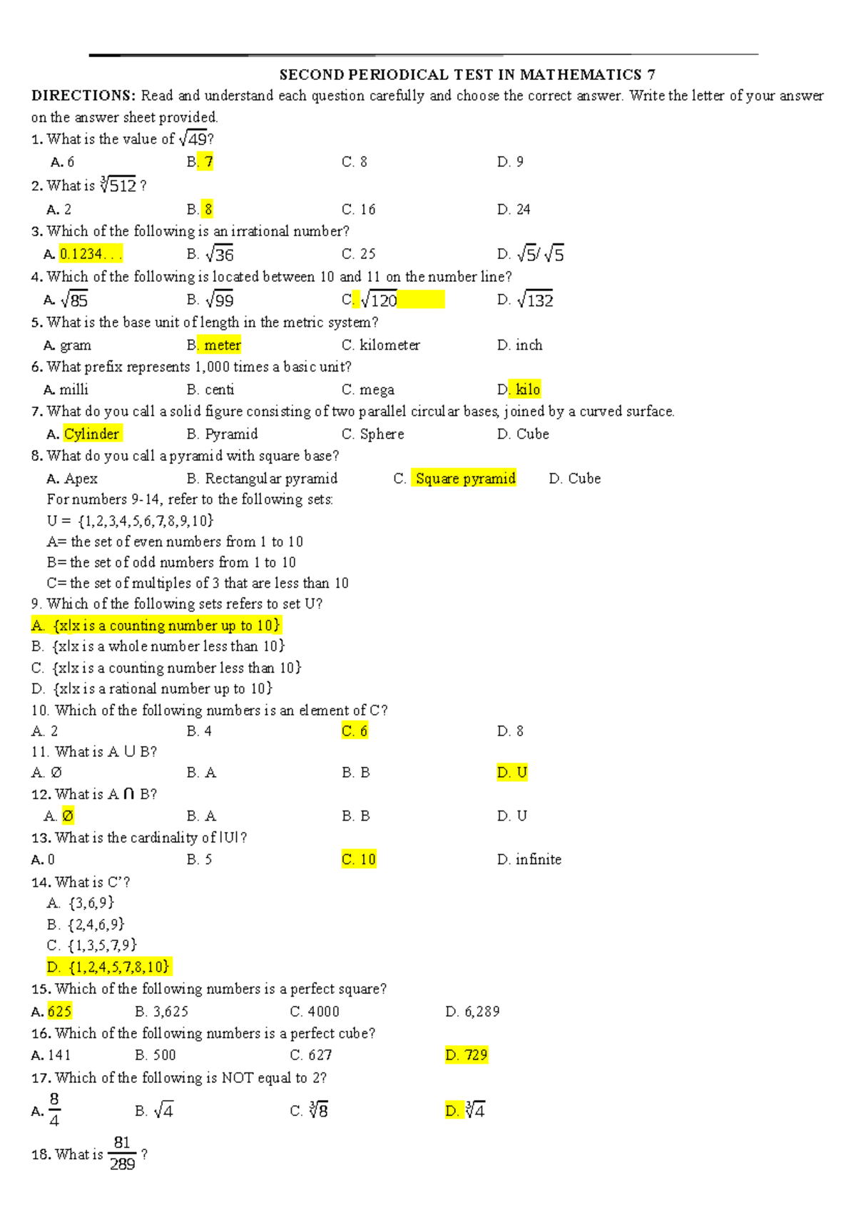 MATH 7 Second Periodical TEST - Answer KEY - SECOND PERIODICAL TEST IN ...