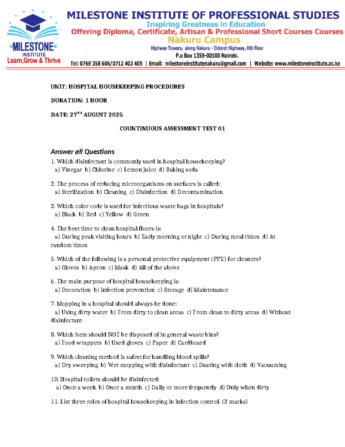 HOSP HSKP 01 - Continuous Assessment Test on Housekeeping Procedures ...