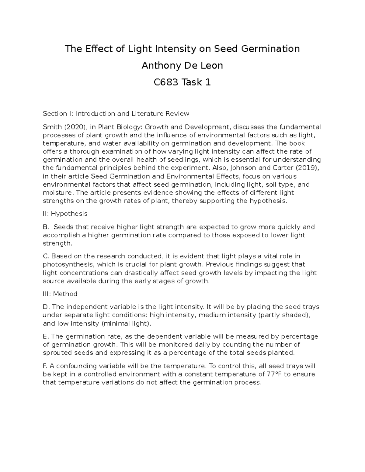 C683 Task 1: Impact of Light Intensity on Seed Germination Rate - Studocu