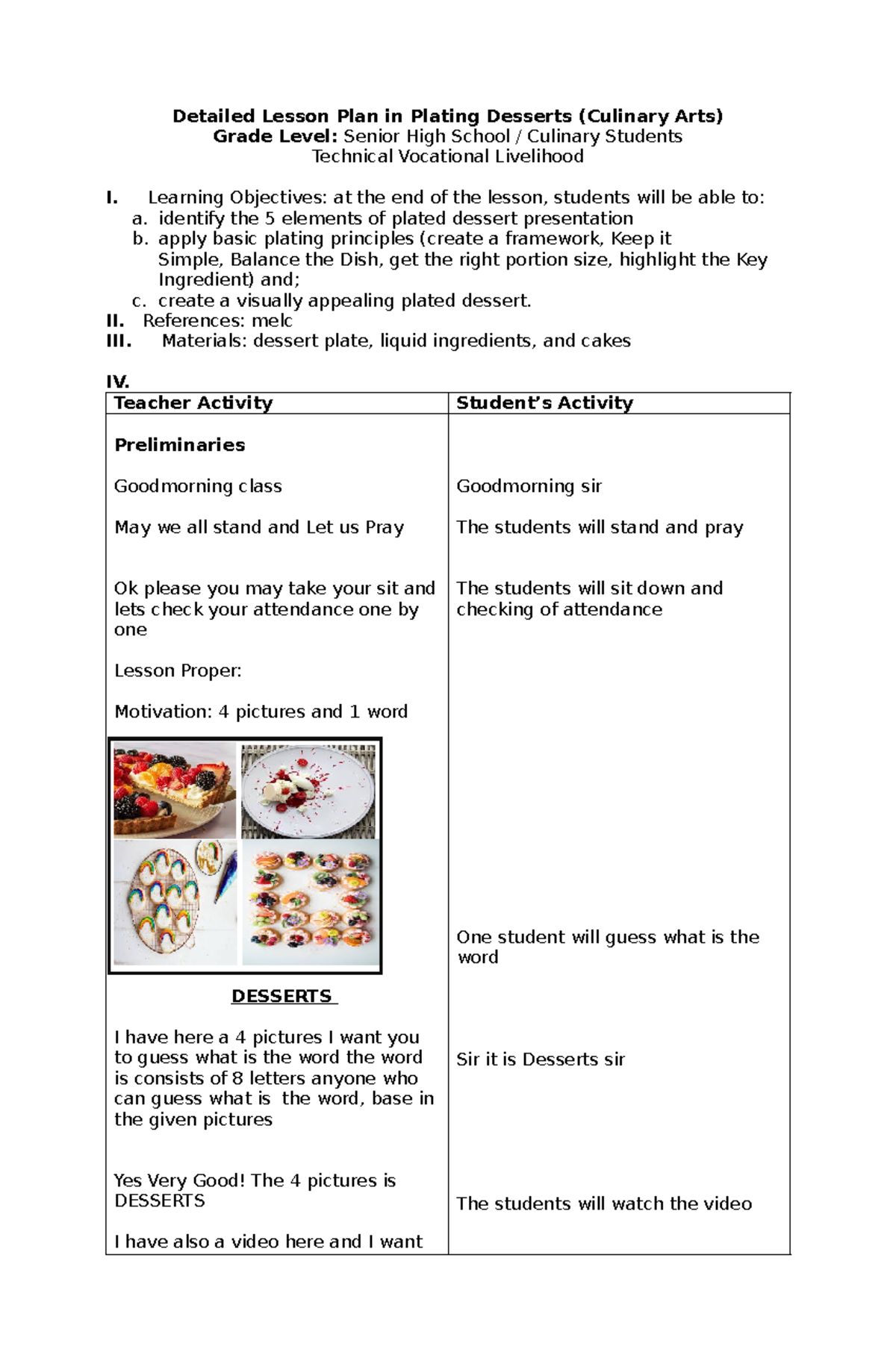 Detailed Lesson Plan: Plating Desserts (Culinary Arts) for SHS Students ...