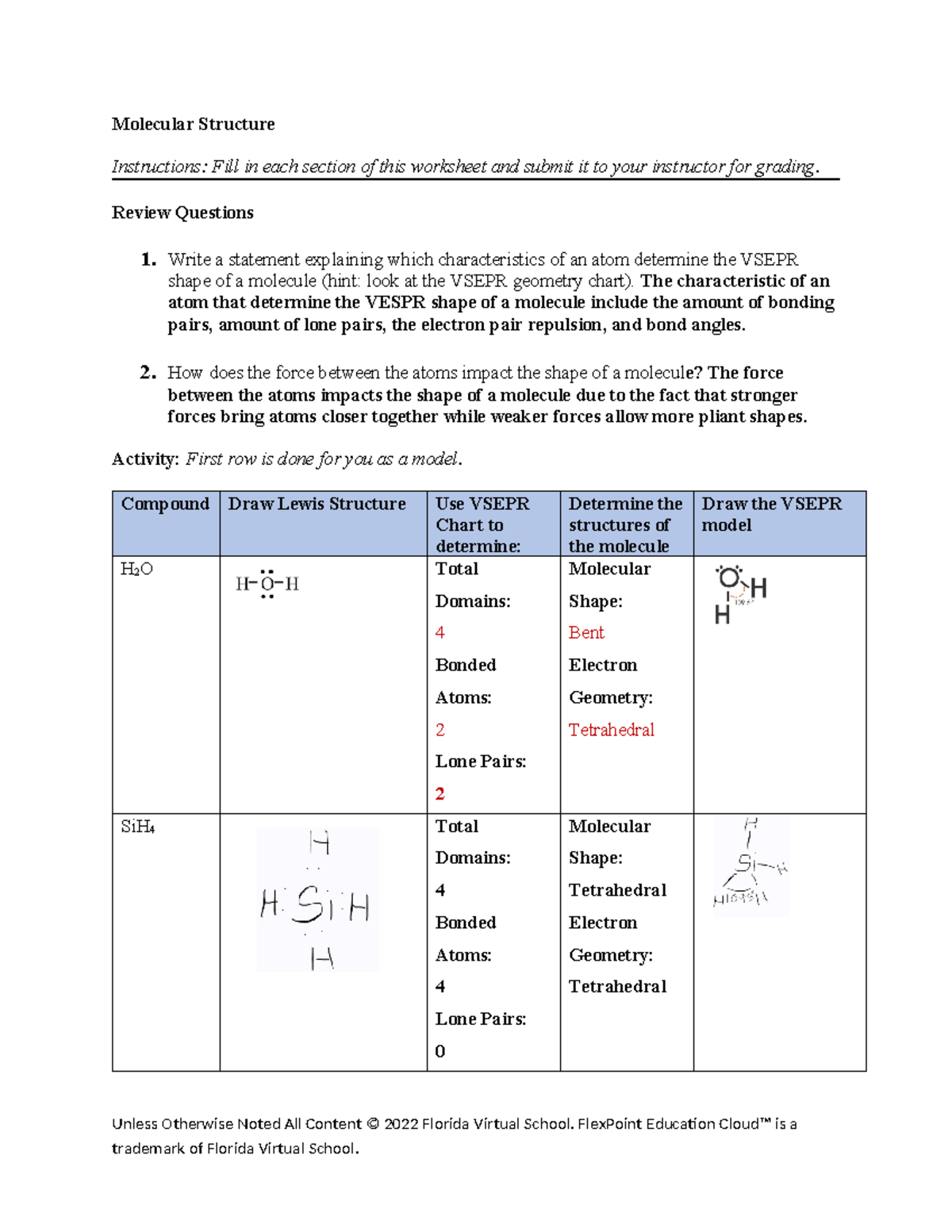 Molecular Structure Worksheet Copy Molecular Structure Instructions
