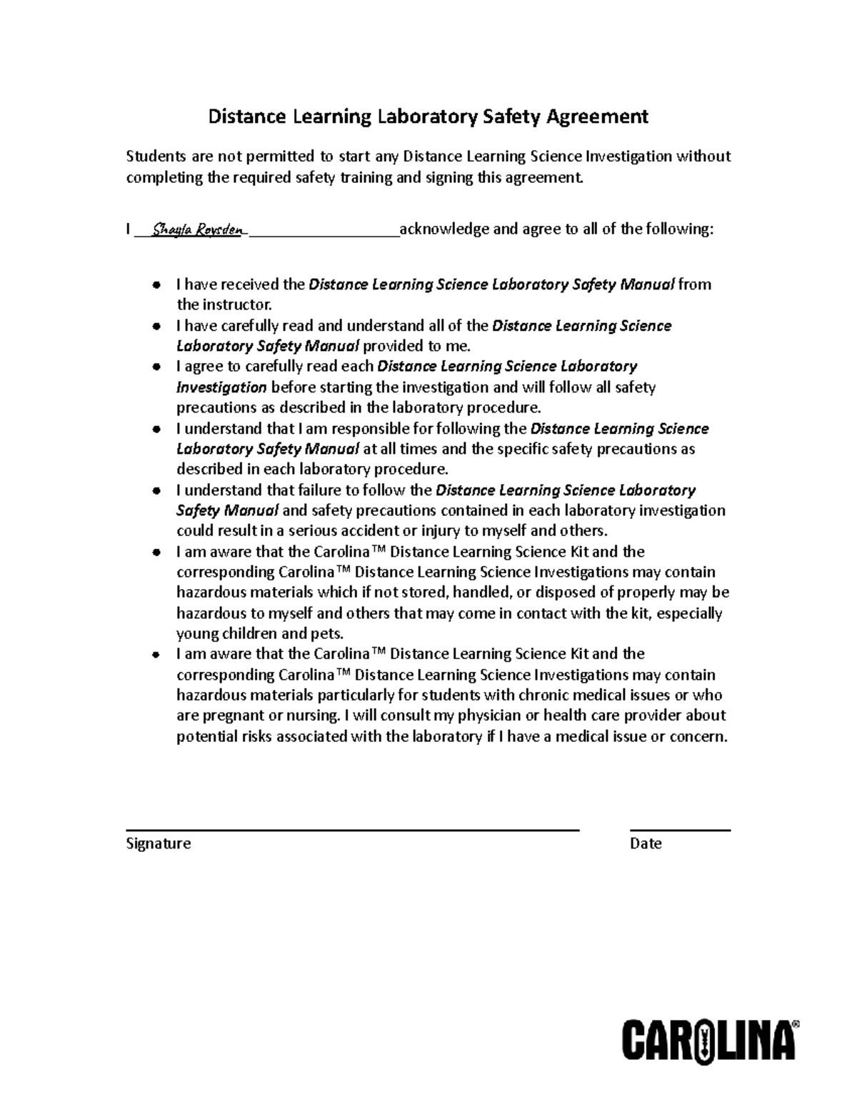 DL Lab Safety Agreement for Distance Learning Science Investigations ...
