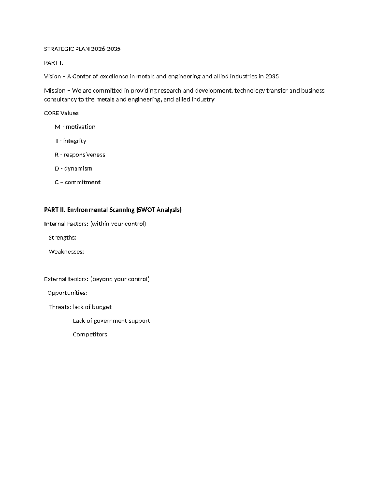 Strategic Plan 2026: Vision, Mission, and SWOT Analysis - Studocu
