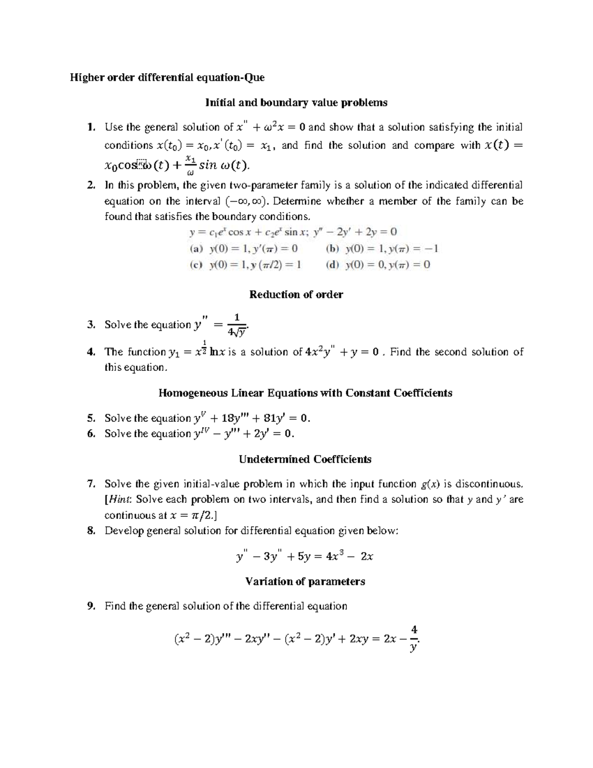 Higher Order Differential Equations - Lecture Notes (Course Code: 7 ...