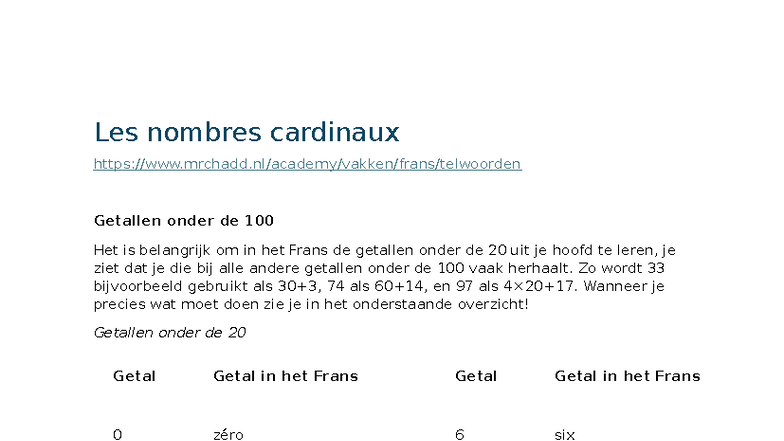 Telwoorden en Getallen onder de 100 - Les 1 (Frans) - Studocu