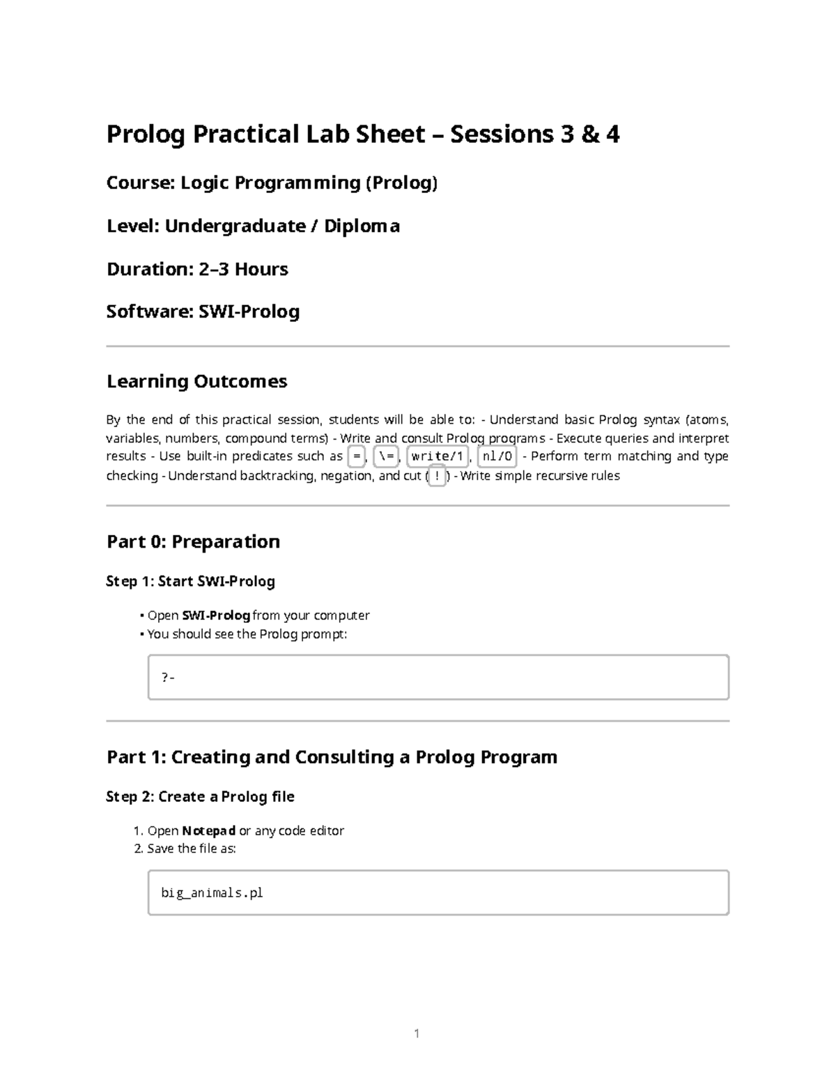 Prolog Practical Lab Sheet (Sessions 3 & 4) - Logic Programming - Studocu