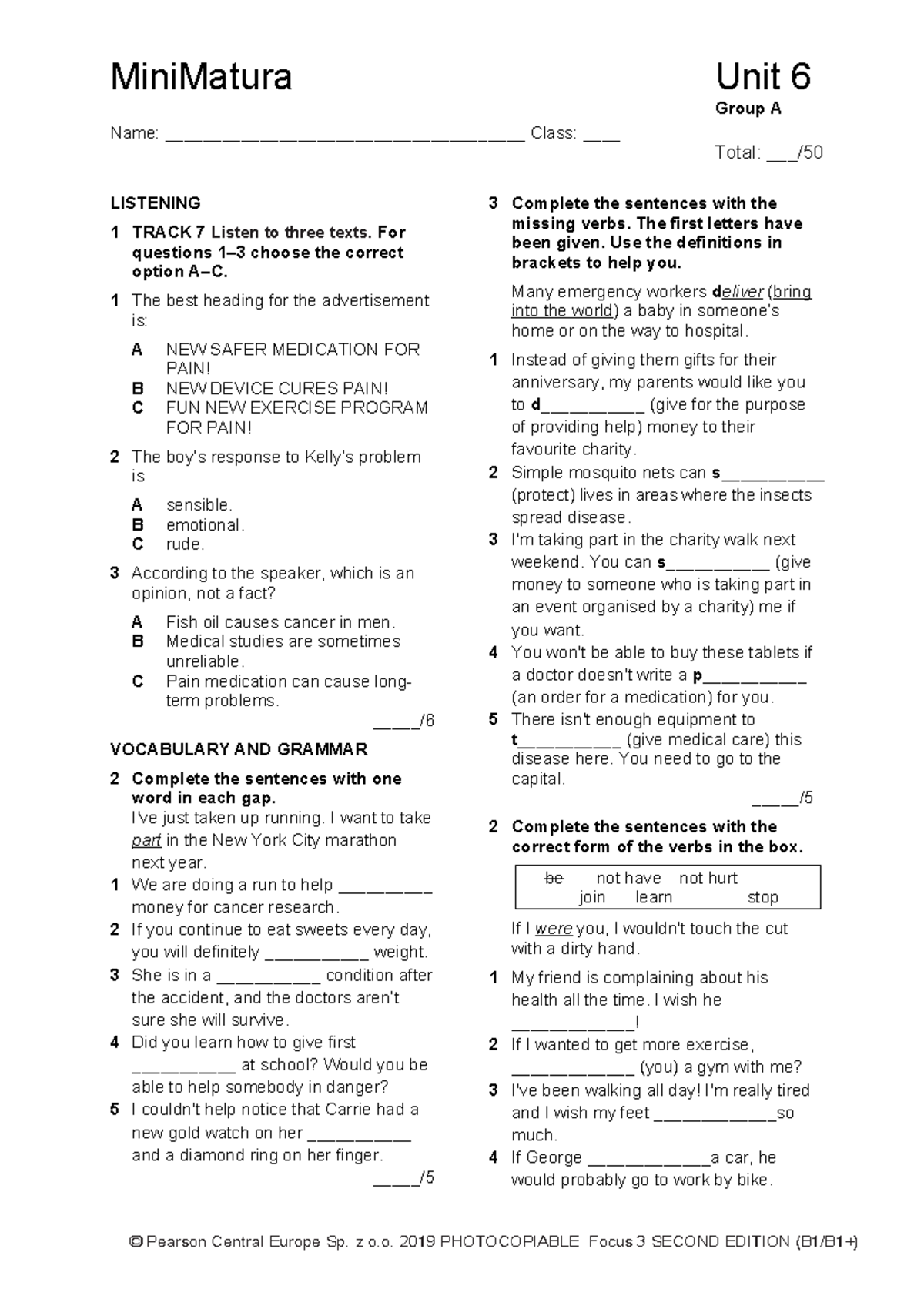 Focus 3 2E Mini Matura Unit 6 Group A Listening & Vocabulary - Studocu
