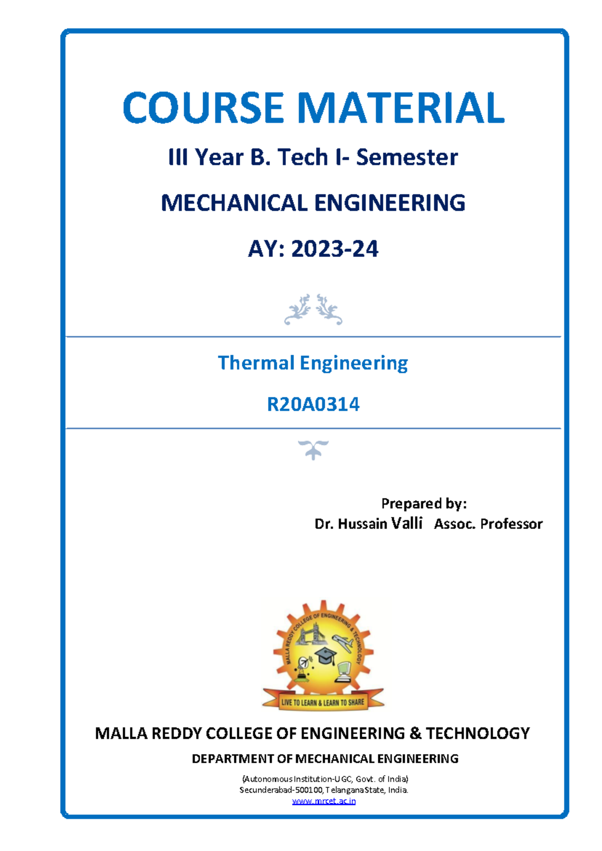 Thermal Engineering Course Material - III Year B.Tech ME R20A - Studocu