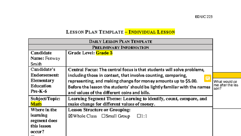 EDUC 225 INDIVIDUAL LESSON PLAN: MONEY COUNTING FOR GRADE 3 - Studocu