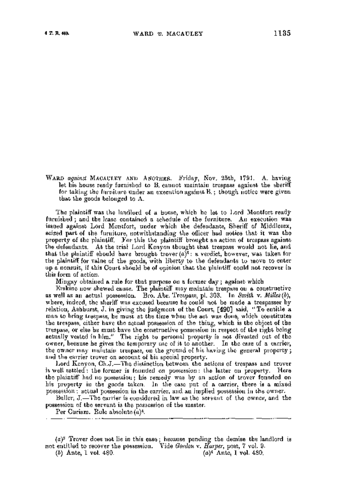Ward v. Macauley: 1791 Case Study on Trespass vs. Trover - Studocu
