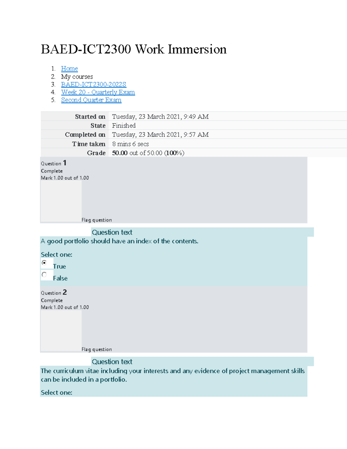 Baed ict2300 work immersion 2nd periodical exam 50 - BAED-ICT2300 Work ...