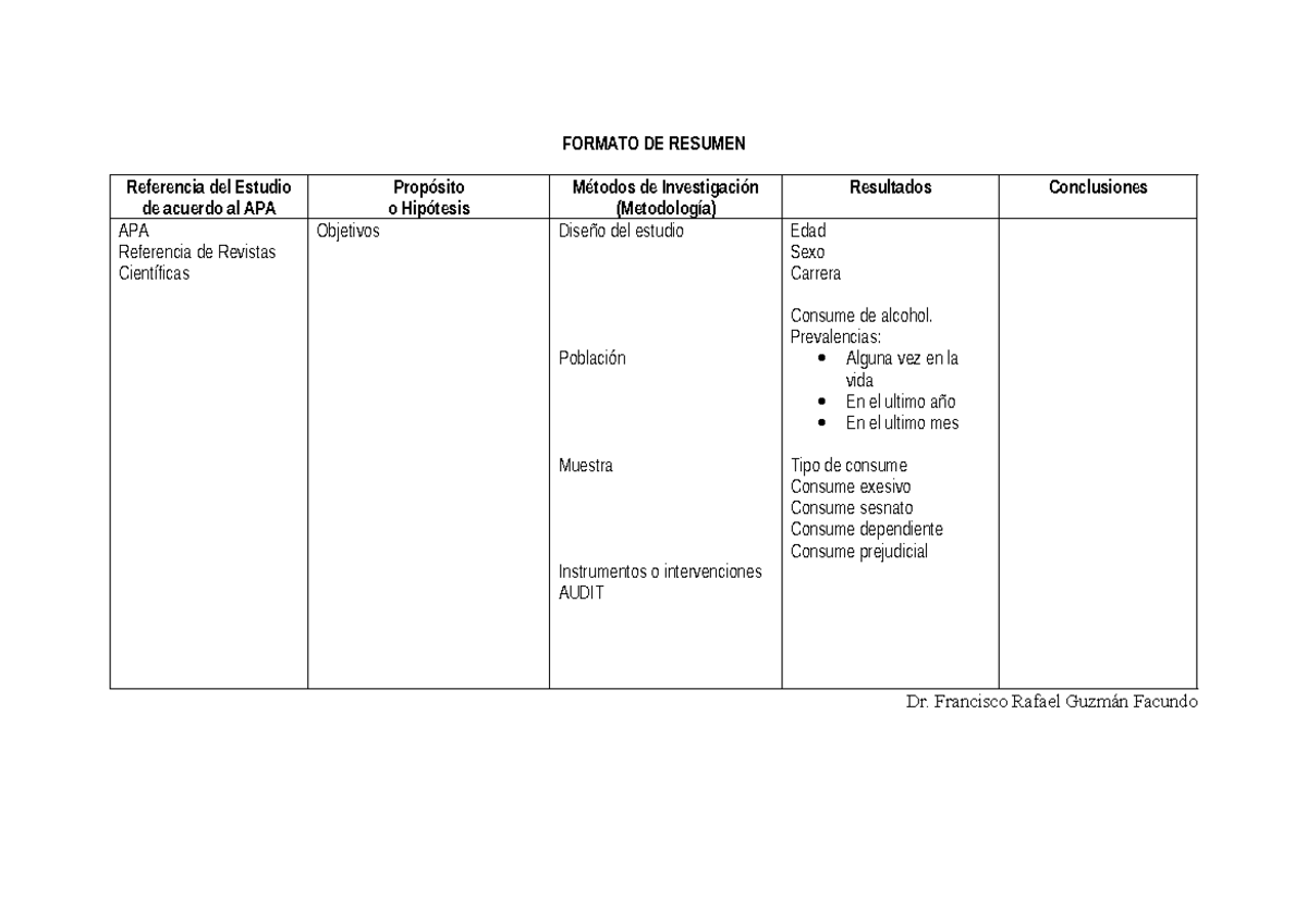 Formato DE Resumen - FORMATO DE RESUMEN Referencia del Estudio de ...