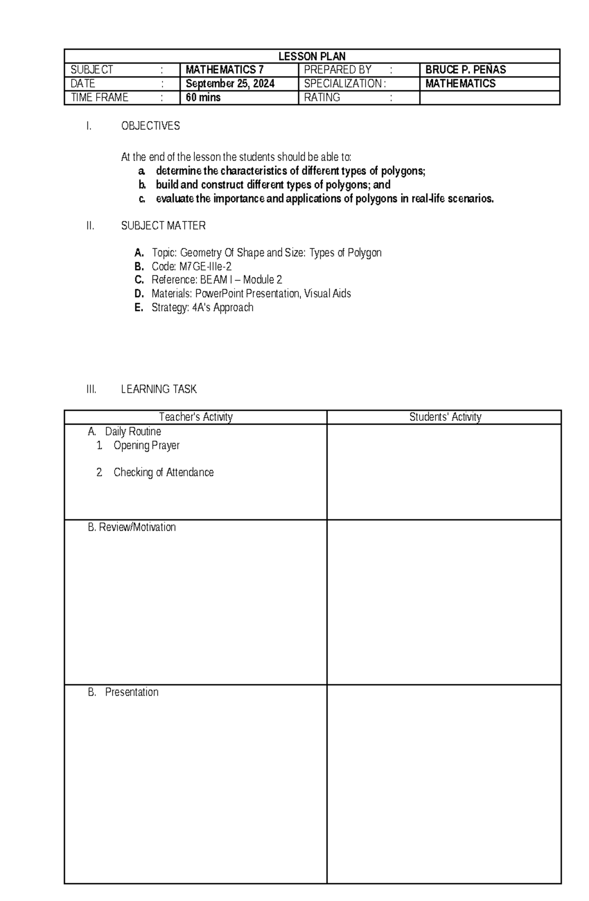 Sample Format of Lesson Plan Template - LESSON PLAN SUBJECT ...