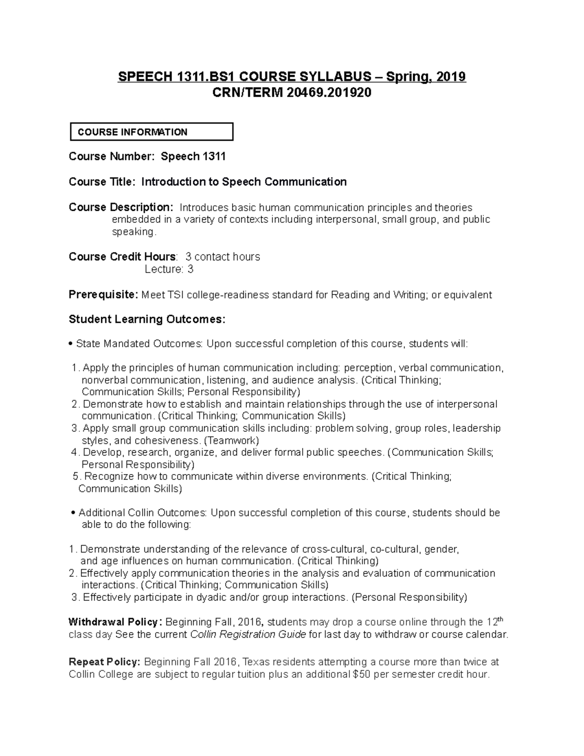 Speech 1311 - Syllabus for Introduction to Speech Communication - Studocu