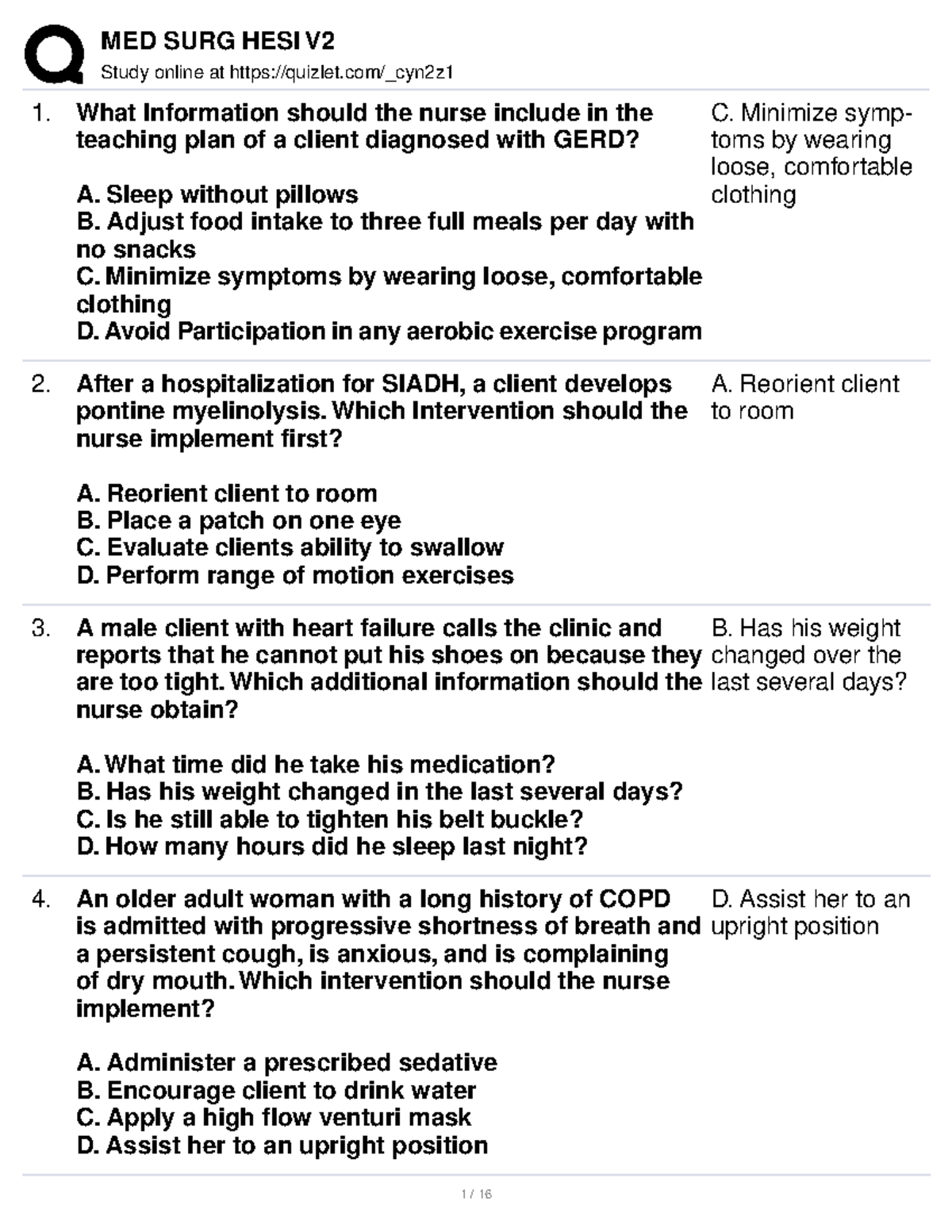 MED SURG HESI V2: Key Nursing Interventions and Client Care Guidelines ...