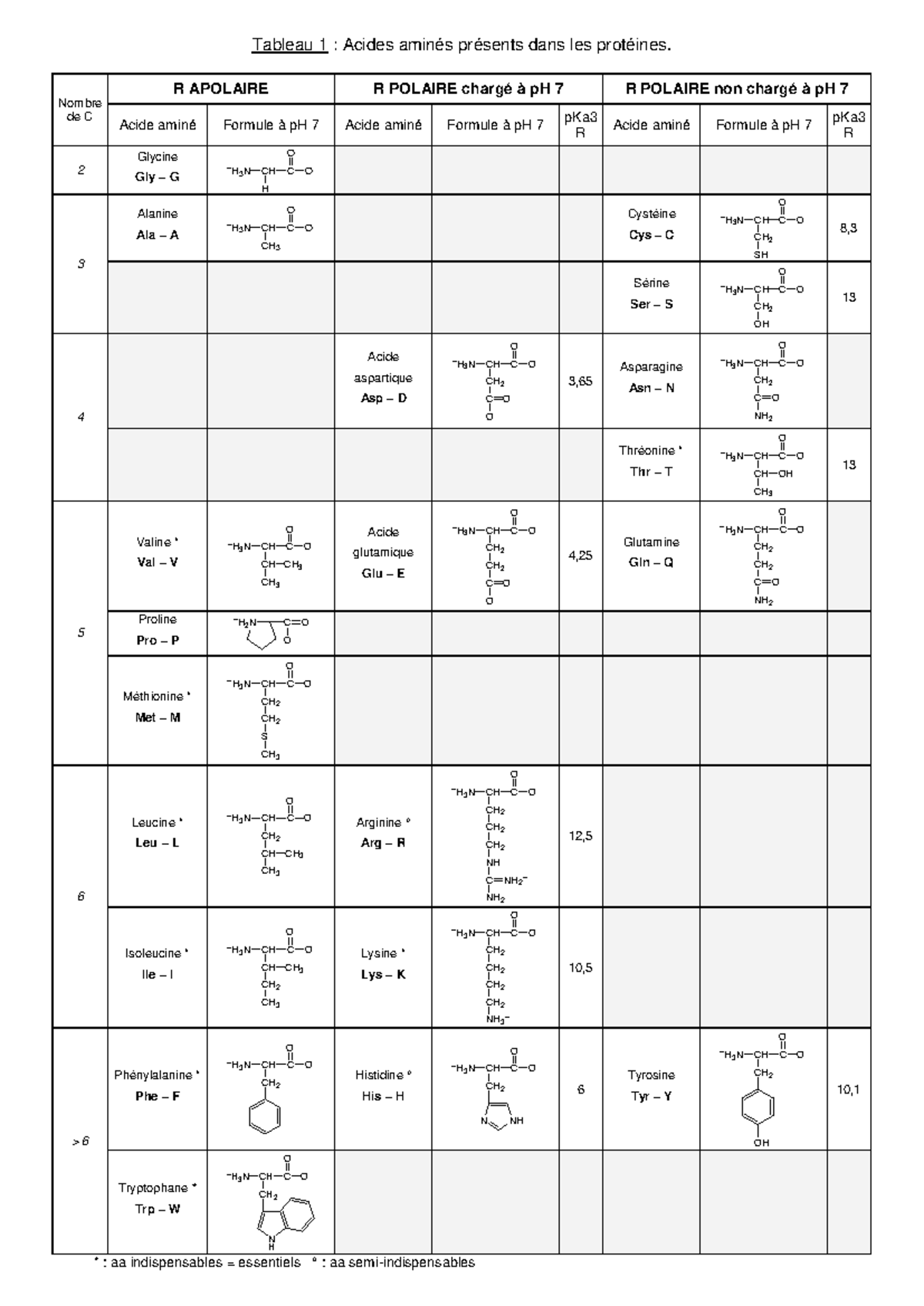 Tableau des acides aminés dans les protéines : Détails et Formules ...