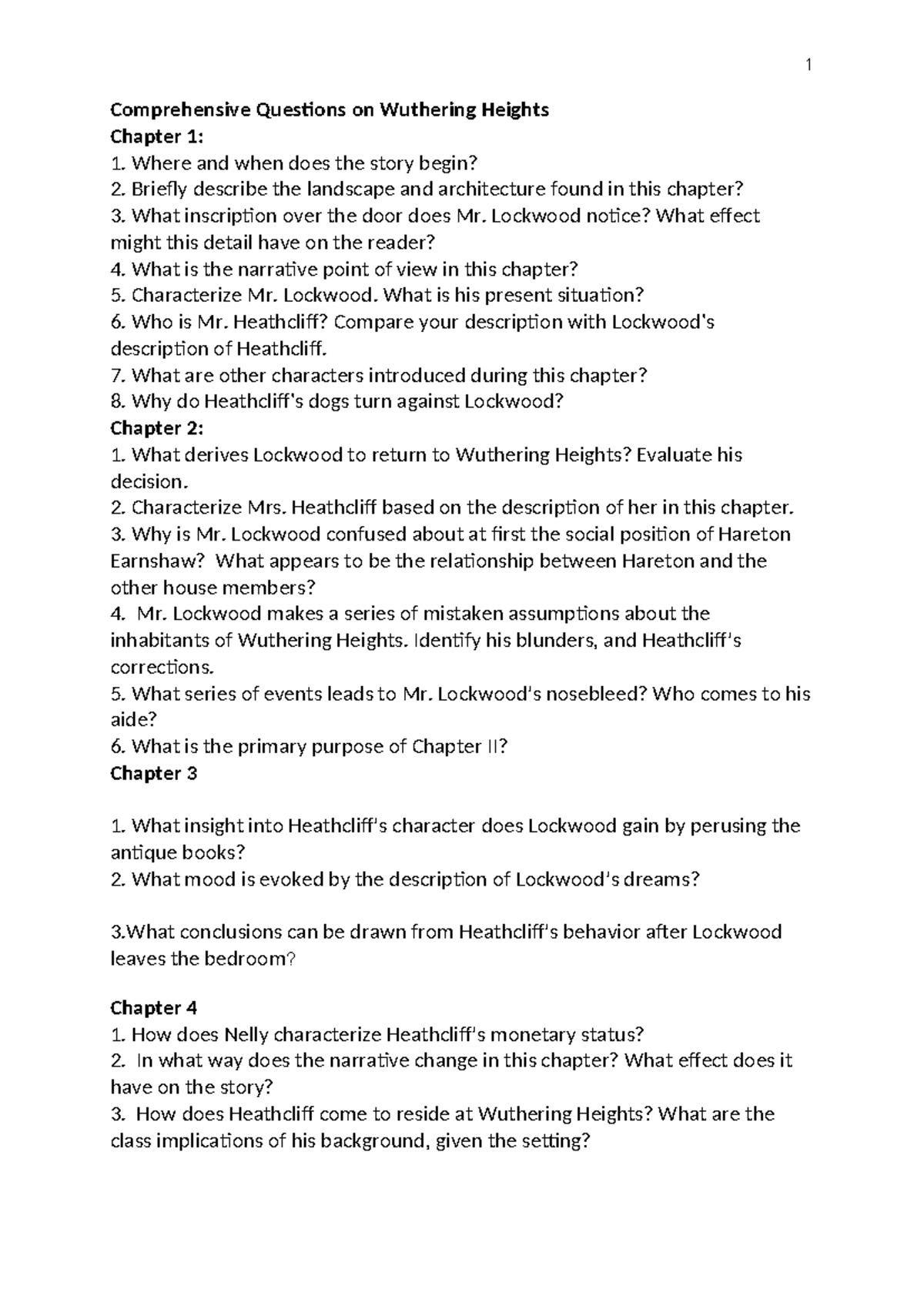 Comprehensive Qs on Wuthering Heights: Analysis for ENG 101 Course ...