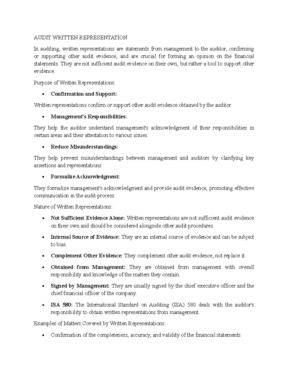 AUDIT 580: Understanding Written Representations in Auditing - Studocu