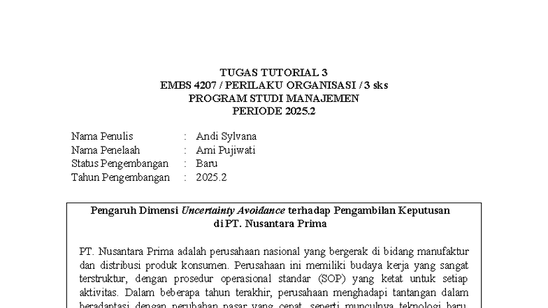 Tugas Tutorial 3 2025.2 2 - TUGAS TUTORIAL 3 EMBS 4207 / PERILAKU ORGANISASI / 3 sks PROGRAM ...