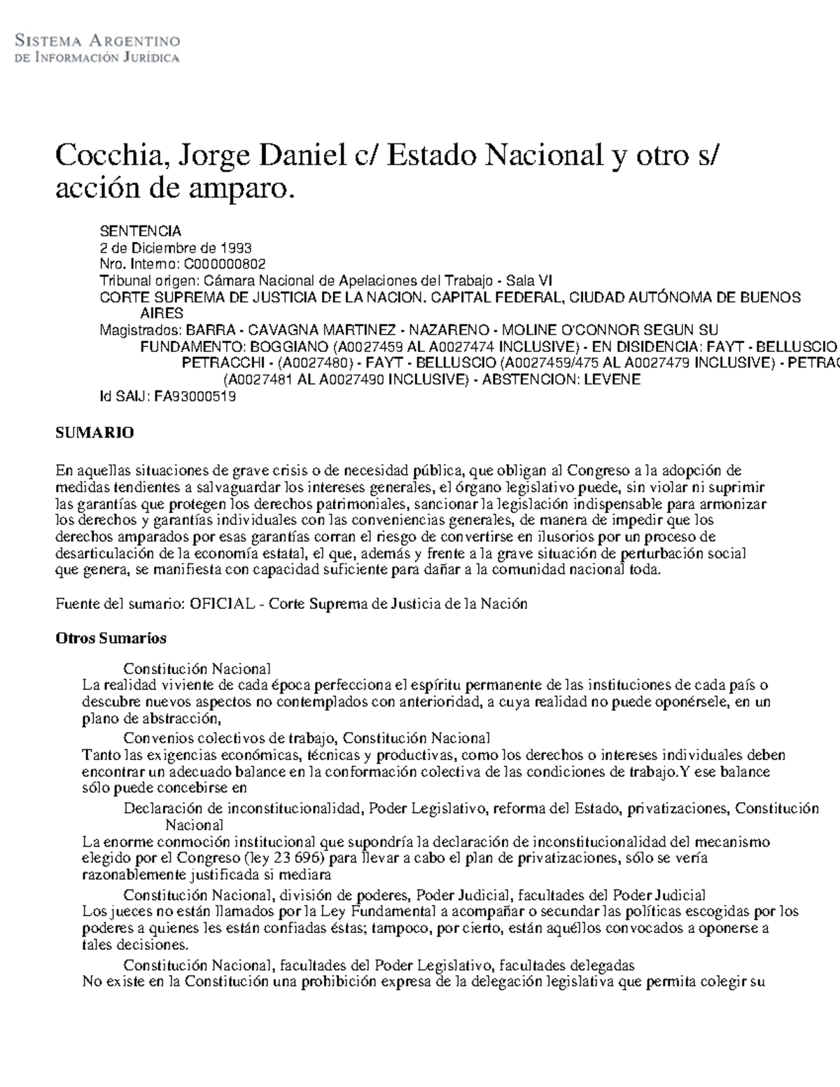 Caso Cocchia c/ Estado Nacional: Acción de Amparo y Jurisprudencia ...