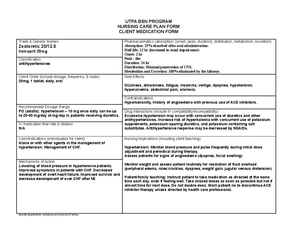 Nursing Care Plan for Zestoretic 20mg (Lisinopril) - UTPA BSN Program ...