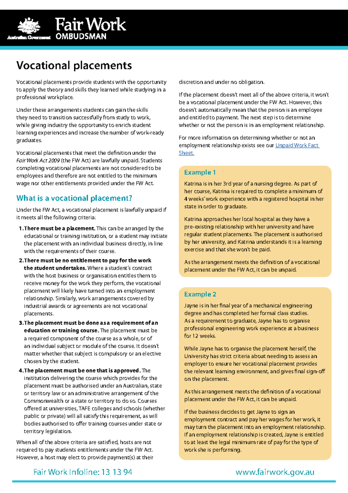 Fact Sheet on vocational placements - Fair Work Infoline: 13 13 94 ...