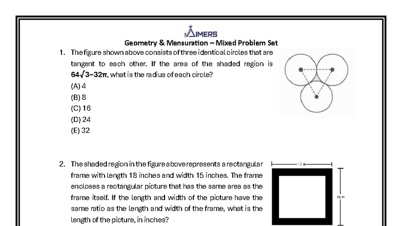 Geometry Mensuration Mixed Problem Set 1: Practice Problems - Studocu