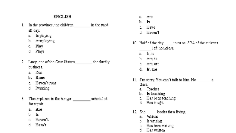 English Answer Key - ENGLISH In the province, the children ________ in the yard all day. a. Is ...