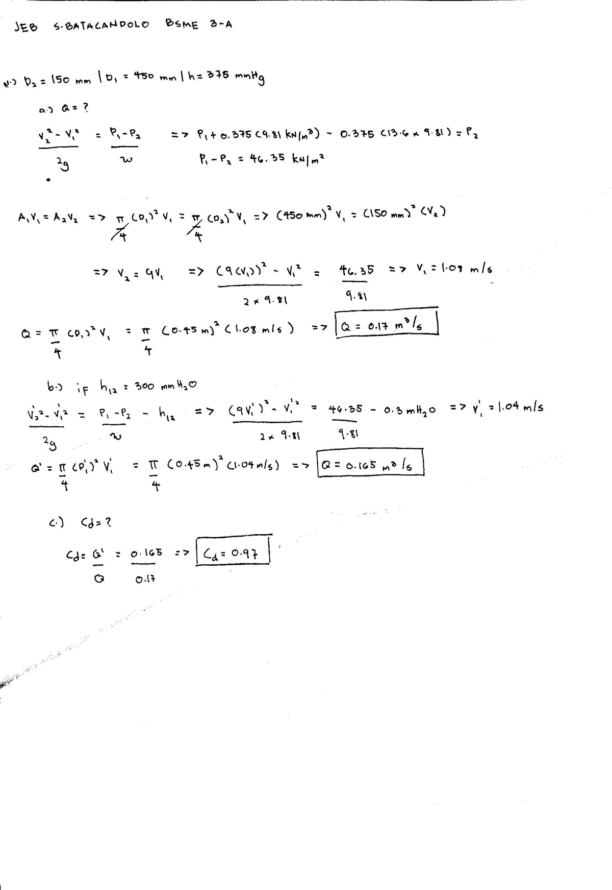 Fluid Mechanics BSME 3-A Final Exam Solutions - Studocu