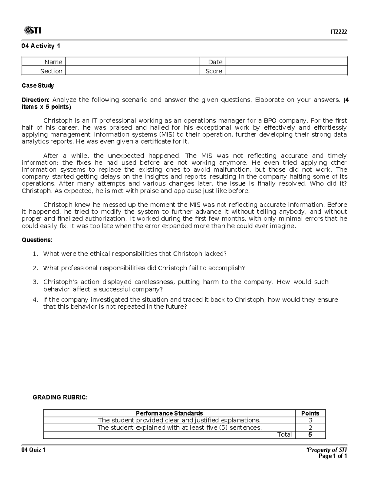 04 Quiz 1 - Case Study on Professional Ethics and Responsibilities ...
