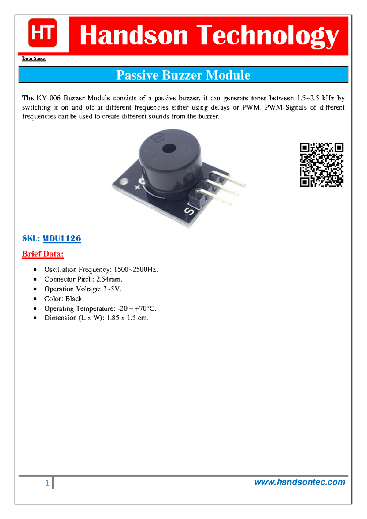 5V Passive Buzzer - Electronics component - Handson Technology ...