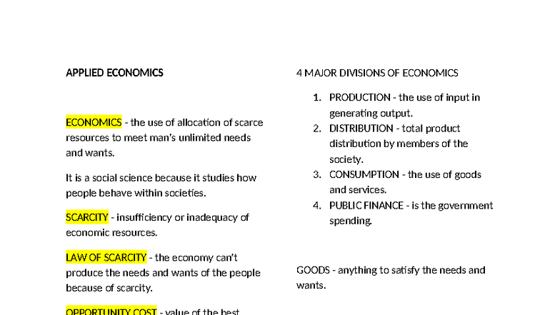 APPLIED ECONOMICS: Key Concepts and Theories Overview - Studocu