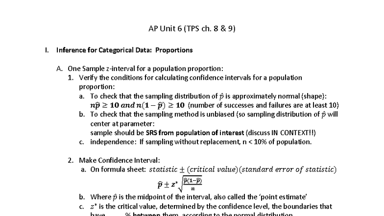 AP Unit 6 Notes (TPS ch. 8 & 9) - I. Inference for Categorical Data ...