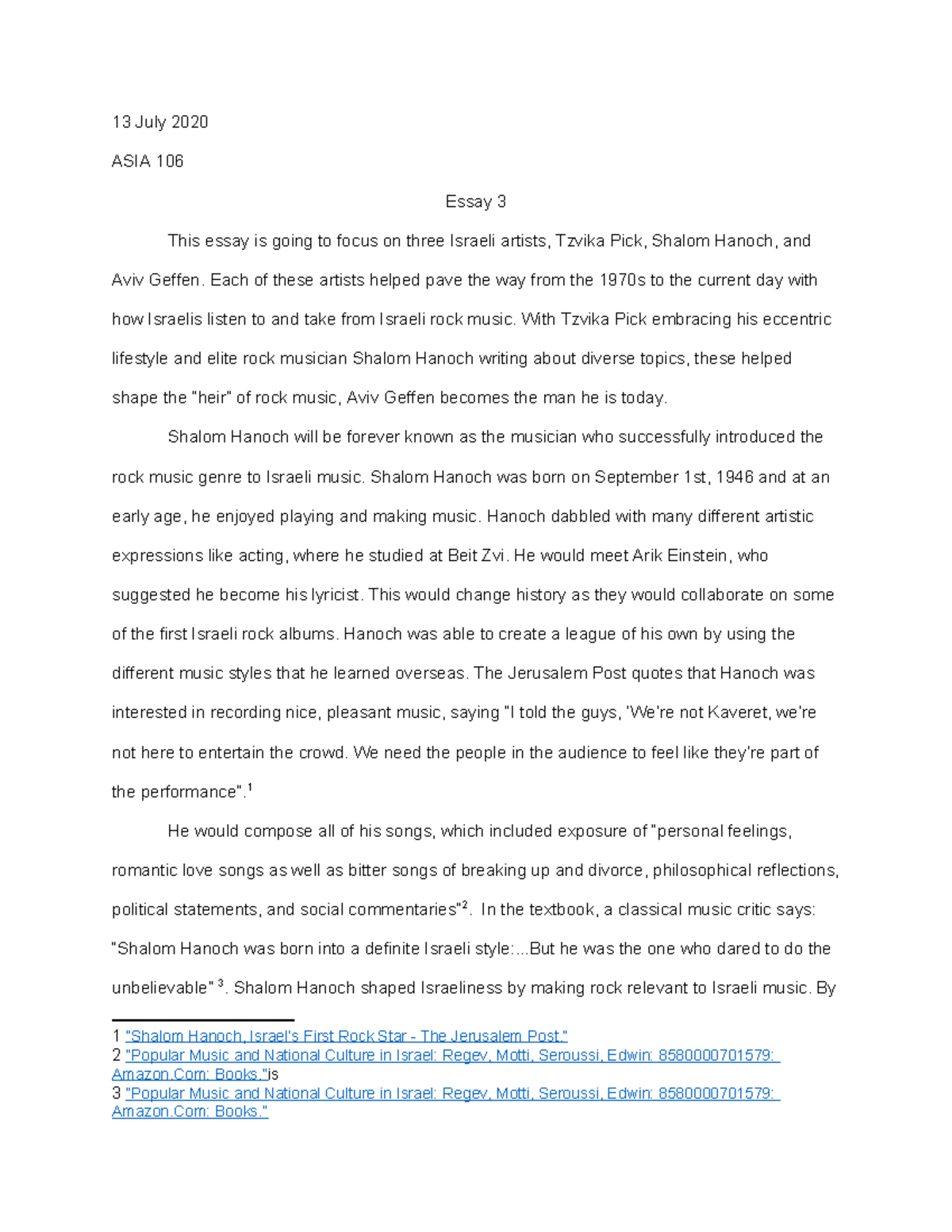 ASIA 106 Essay 3: The Impact of Israeli Rock Artists on Music - Studocu